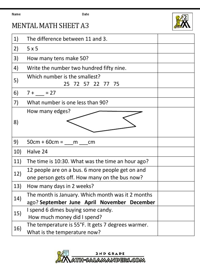 Mental Math Sheet A3: Name Date | PDF