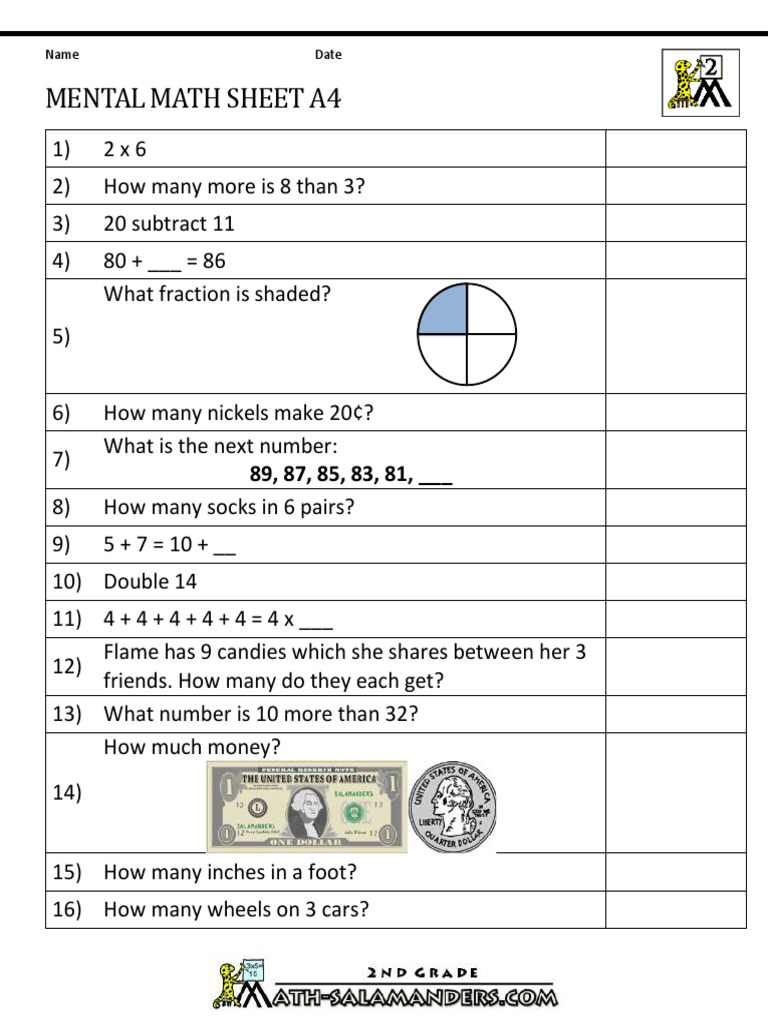 Mental Math Sheet A4: Name Date | PDF