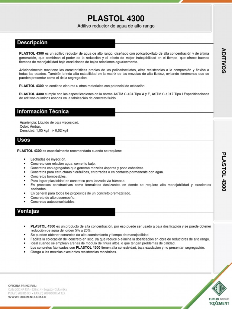 HT Plastol 4300 | PDF | Hormigón | Cemento