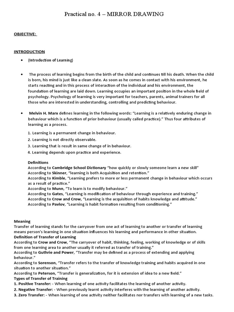Practical No. 4 - MIRROR DRAWING: Objective | PDF | Habits | Learning