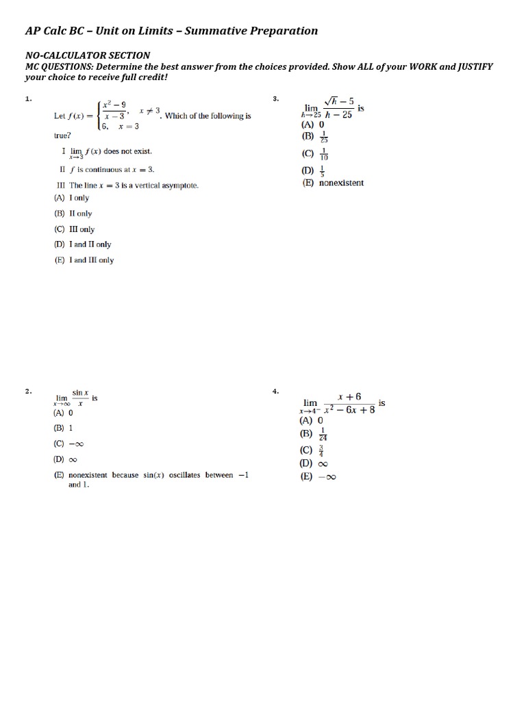 AP Calc BC - Unit On Limits - Summative Preparation: No-Calculator ...