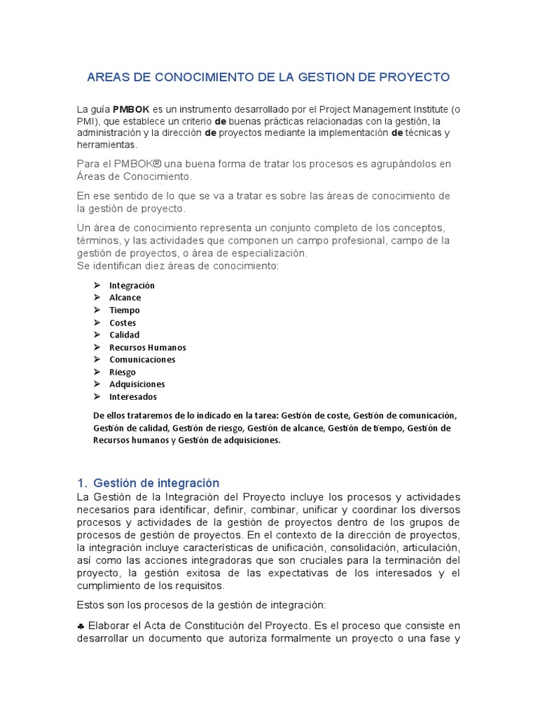 Areas De Conocimiento De La Gestion De Proyecto Pdf Gestión De