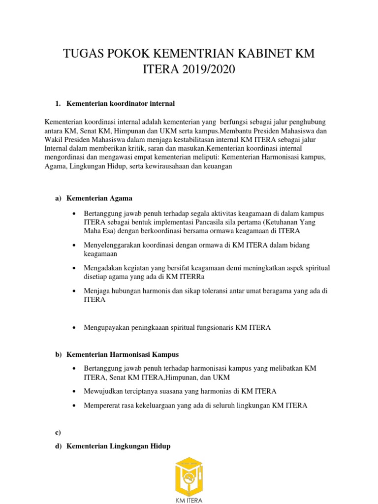 Deksripsi Tugas Pokok Kementrian Kabinet KM Itera 2019 | PDF