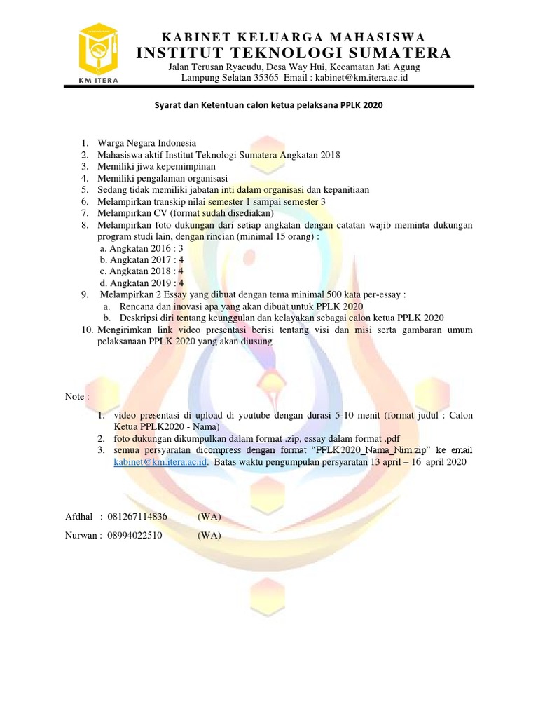 Syarat Ketua PPLK 2020 ITERA | PDF | Bisnis