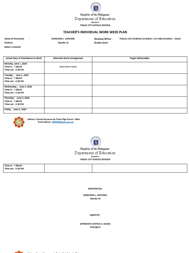 Department of Education: Teacher'S Individual Work Week Plan | PDF ...