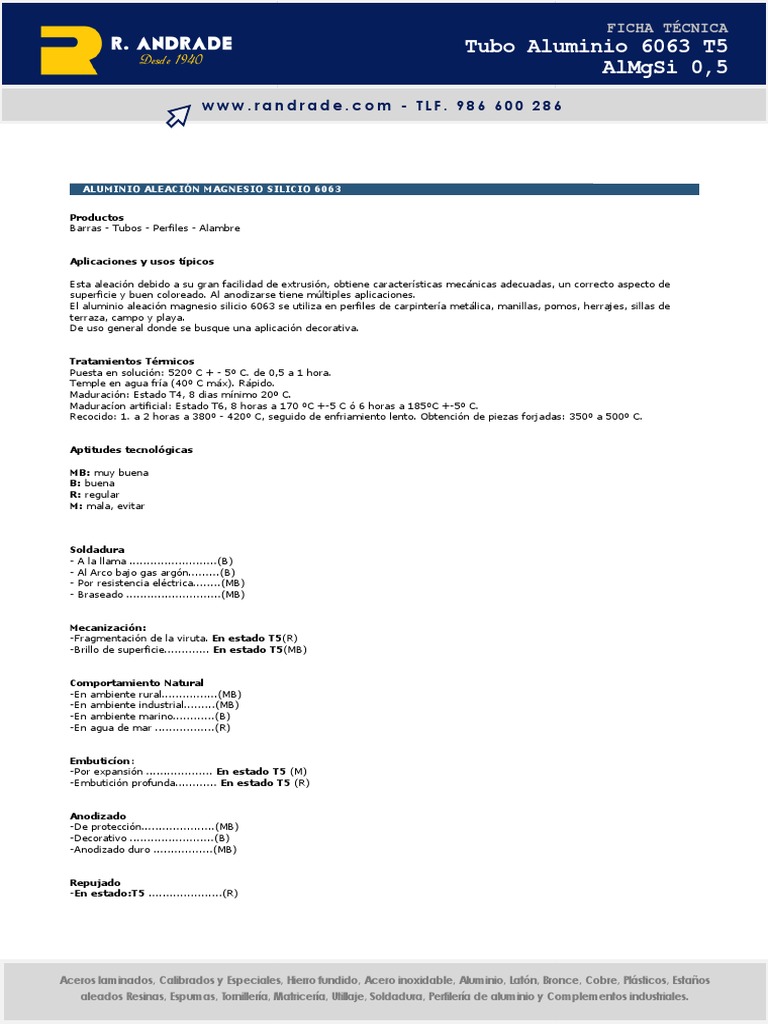 Ficha Técnica Aluminio 6063 T5 | PDF | Tratamiento a base de calor ...