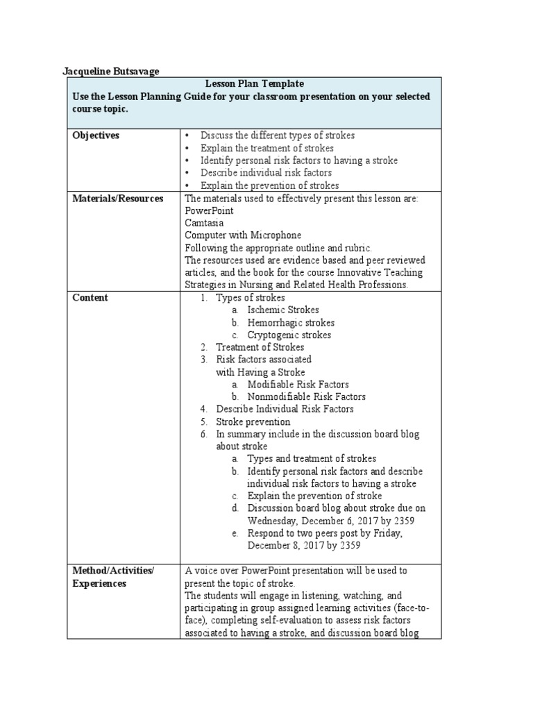 Nhe 532-Lesson Planning and Reflection Templates-Jbutsavage | PDF ...