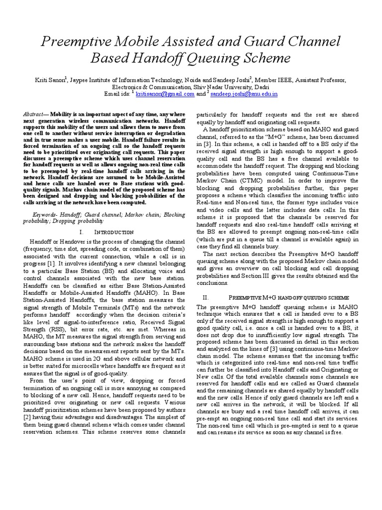 Preemptive Mobile Assisted and Guard Channel Based Handoff Queuing Scheme | PDF | Markov Chain ...