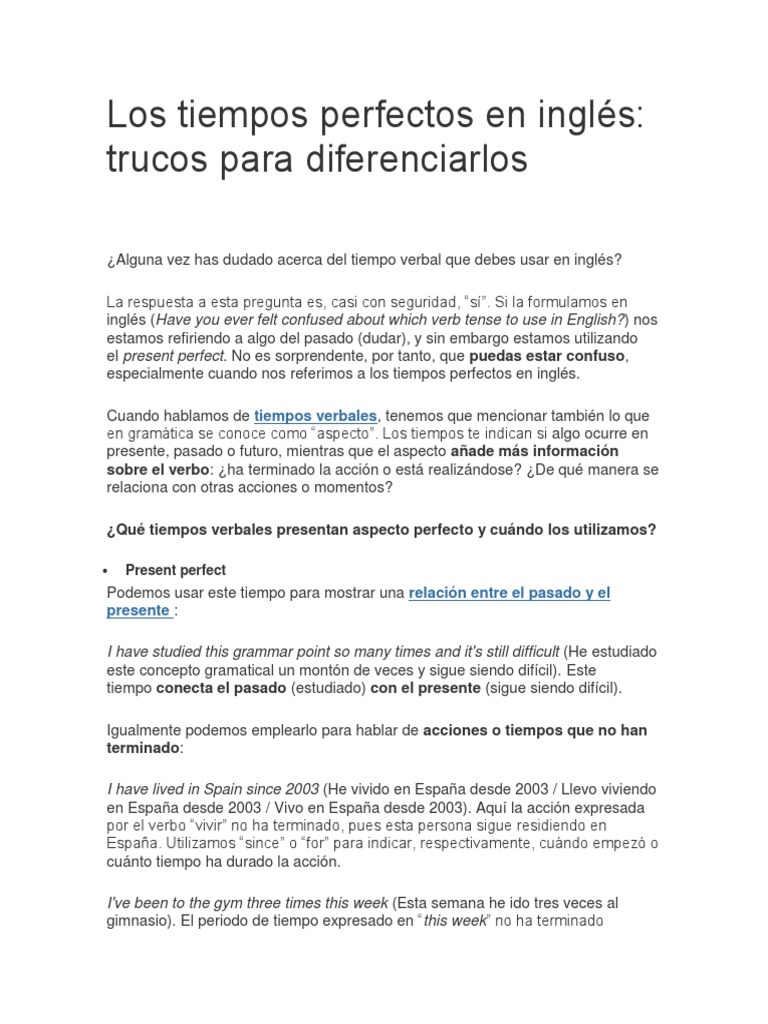 Los Tiempos Perfectos en Inglés | PDF | Verbo | Idioma en Inglés