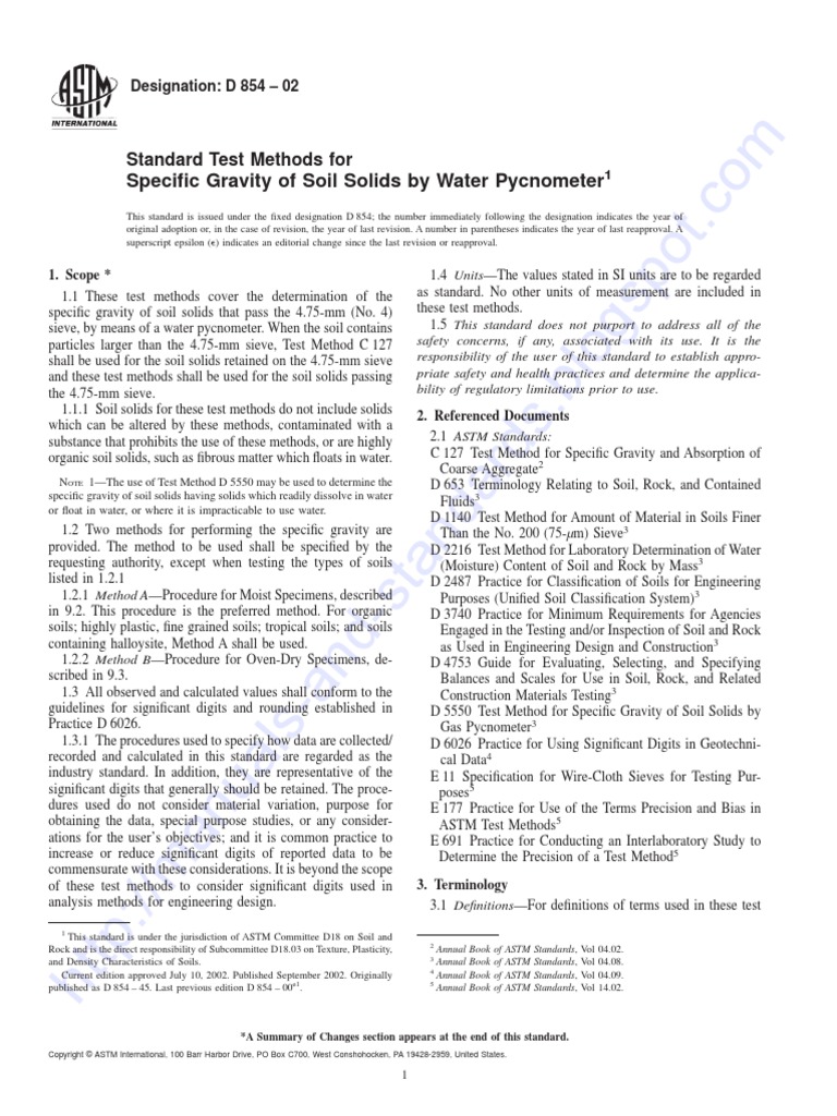 Specific Gravity of Soil Solids by Water Pycnometer: Standard Test ...