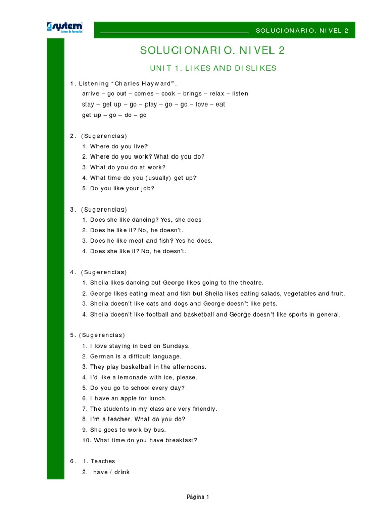 Solucionario. Nivel 2: Unit 1. Likes and Dislikes | PDF | Lunch ...