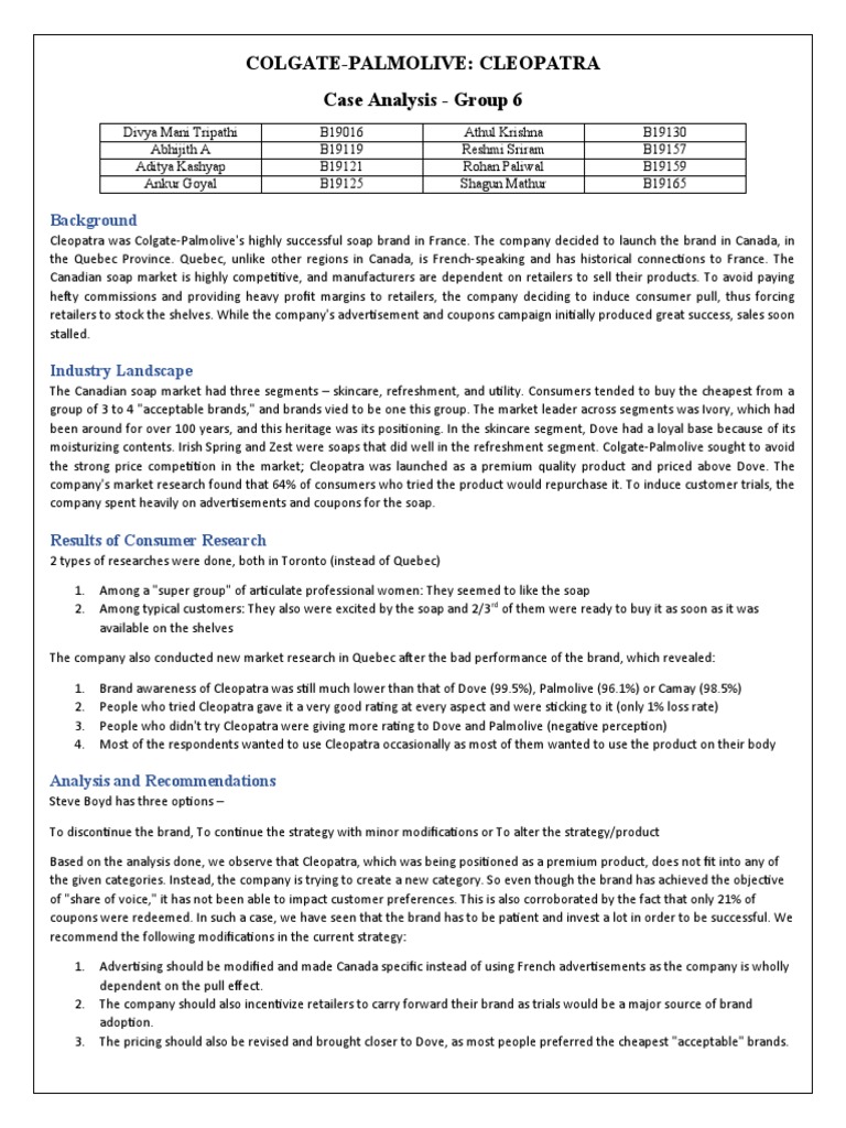 Colgate-Palmolive: Cleopatra Case Analysis - Group 6: Background | PDF ...