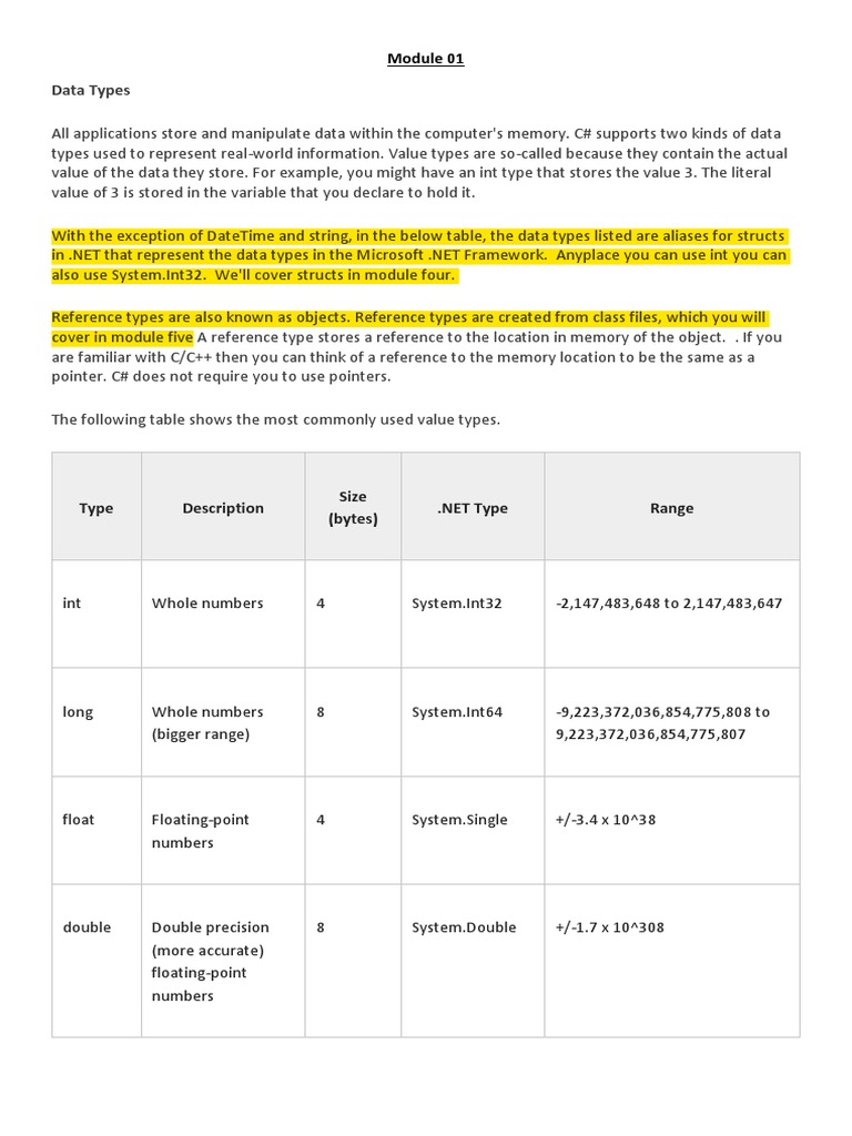 Data Types: Type Description Size (Bytes) Range | PDF | C Sharp ...