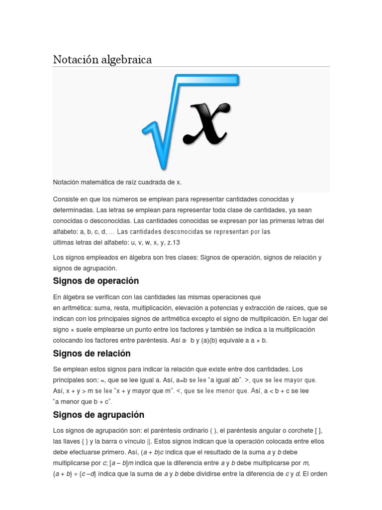 Notación algebraica: signos, símbolos y estructuras fundamentales | PDF ...