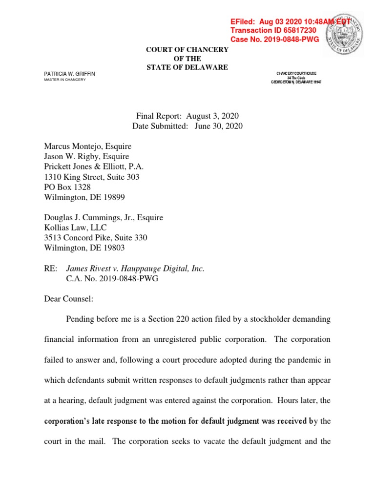 Court of Chancery of The State of Delaware | PDF | Default Judgment ...