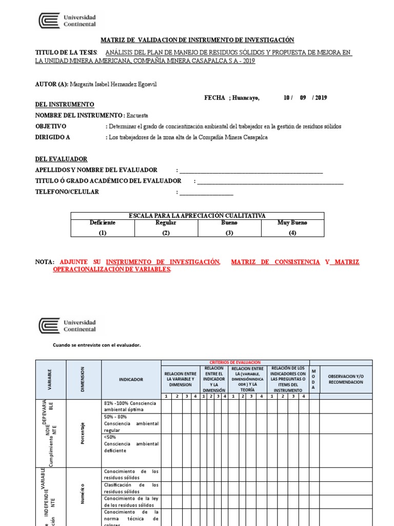 Matriz De Validación Del Instrumento Pdf Cognición Metodología
