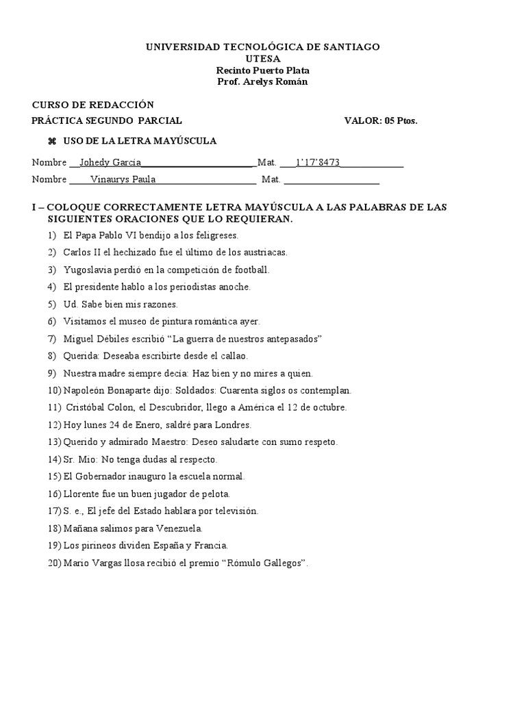 Ejercicio Uso de La Letra Mayuscula | PDF