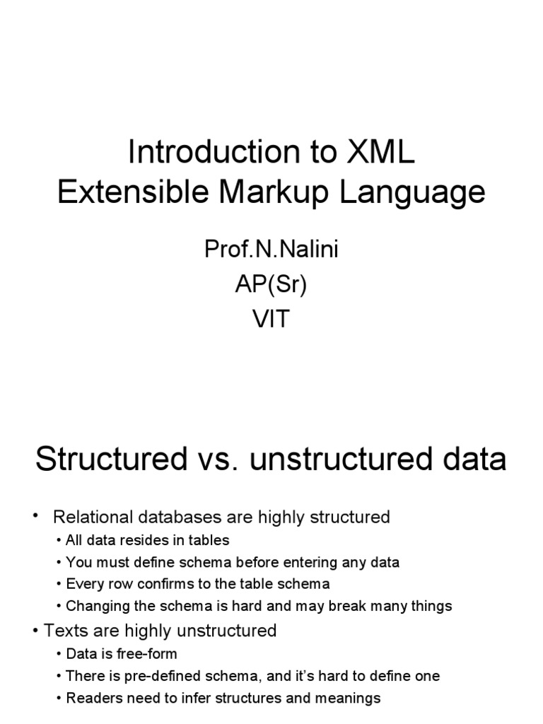 Introduction To XML Extensible Markup Language: Prof.N.Nalini AP (SR) VIT | PDF | Xml | Xslt