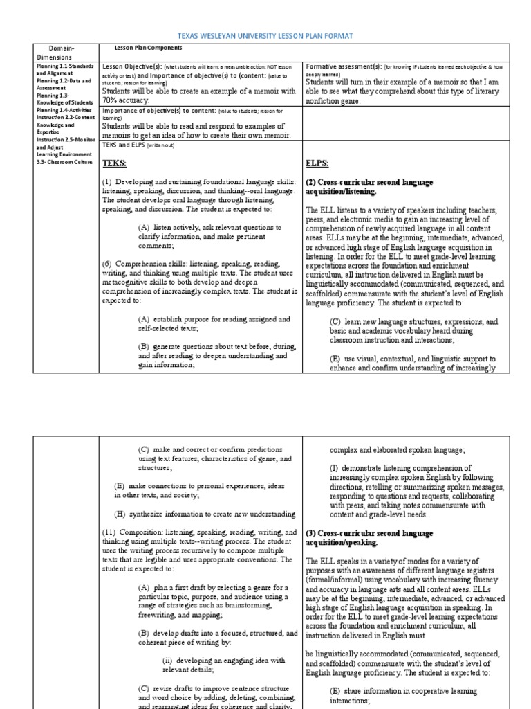 Texas Wesleyan University Lesson Plan Format: Teks: Elps: (2) Cross ...