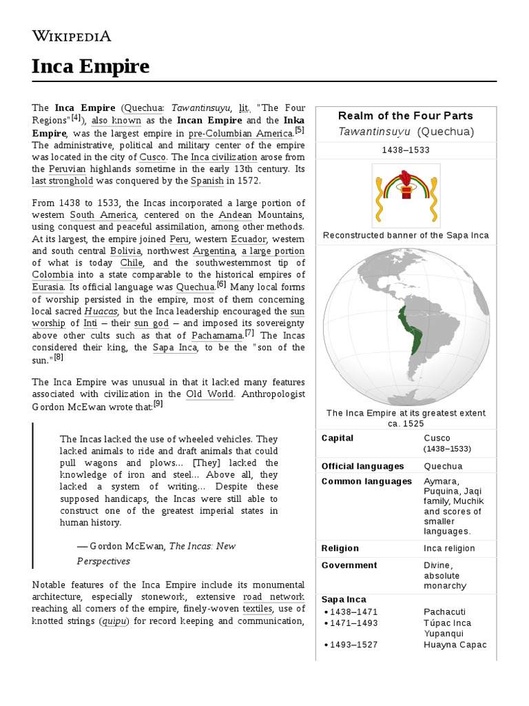 Inca Empire: Empire, Was The Largest Empire in Pre-Columbian America ...