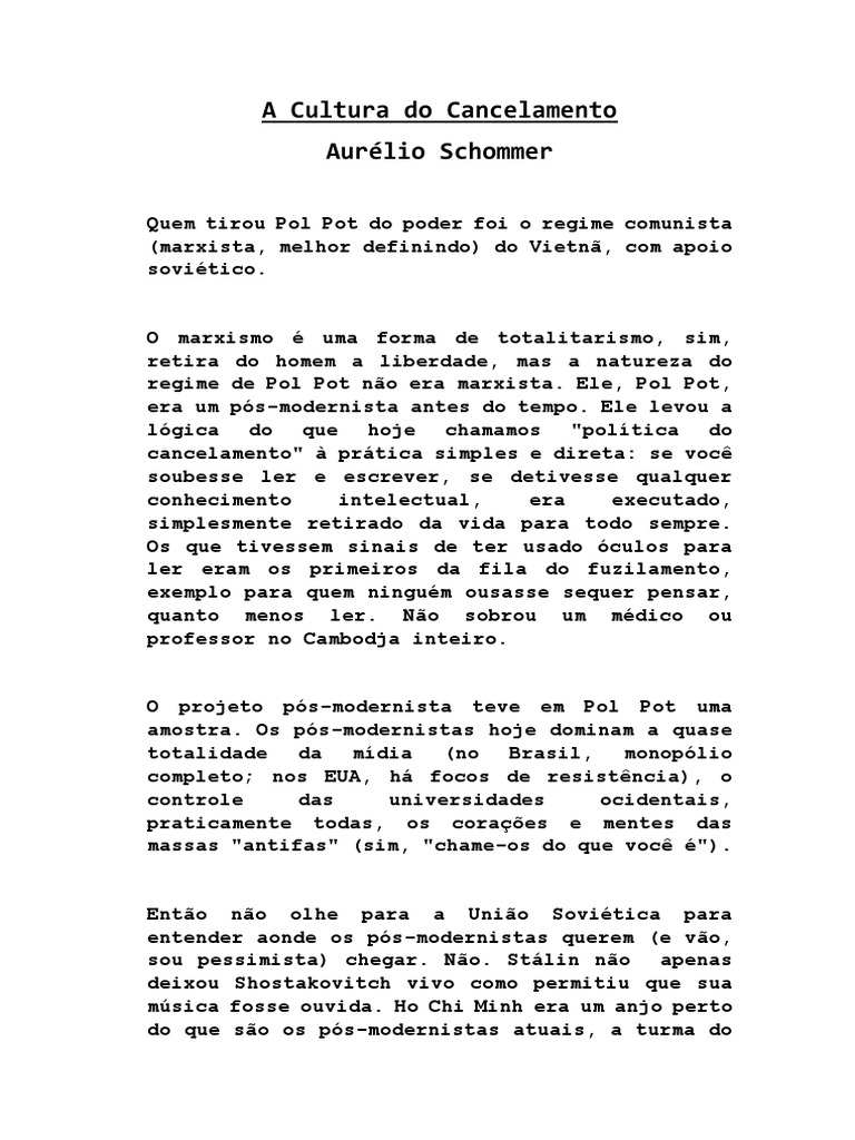 Aurélio Schommer - A Cultura Do Cancelamento PDF | PDF