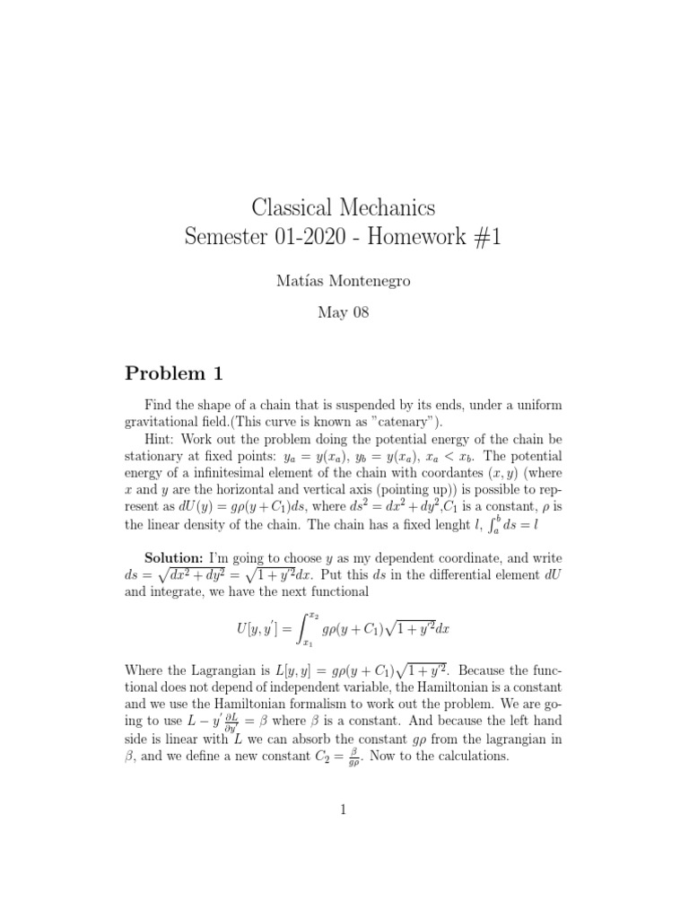Classical Mechanics Semester 01-2020 - Homework #1: Problem 1 | PDF ...