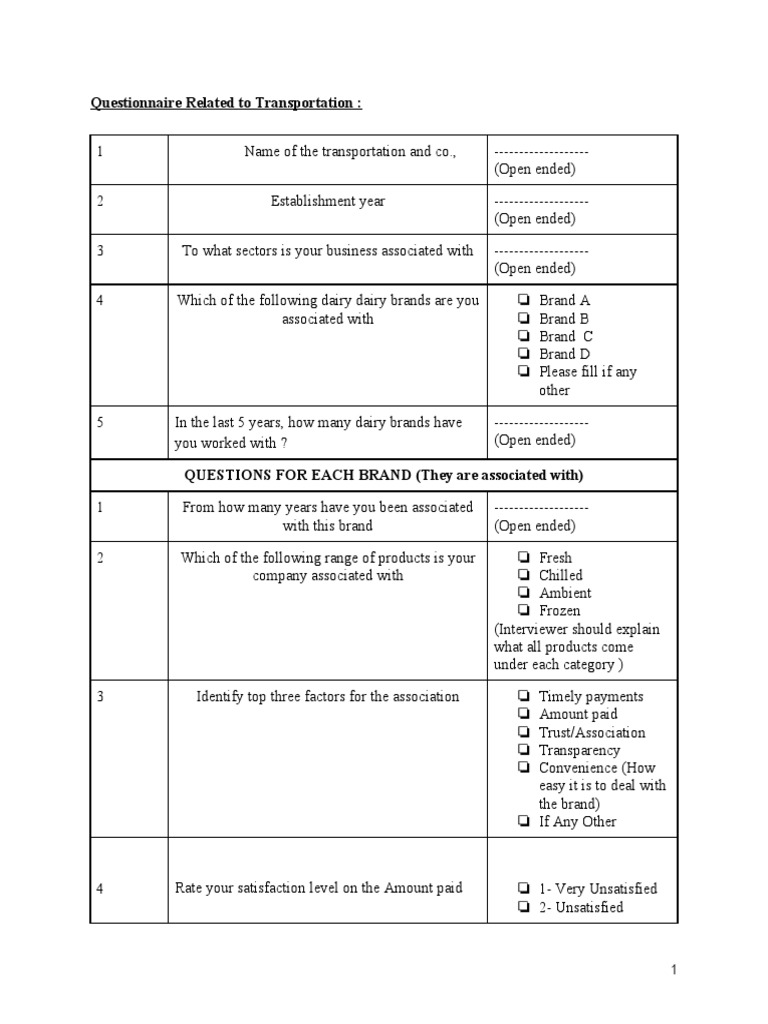 Questionnaire Related To Transportation | PDF | Brand | Business