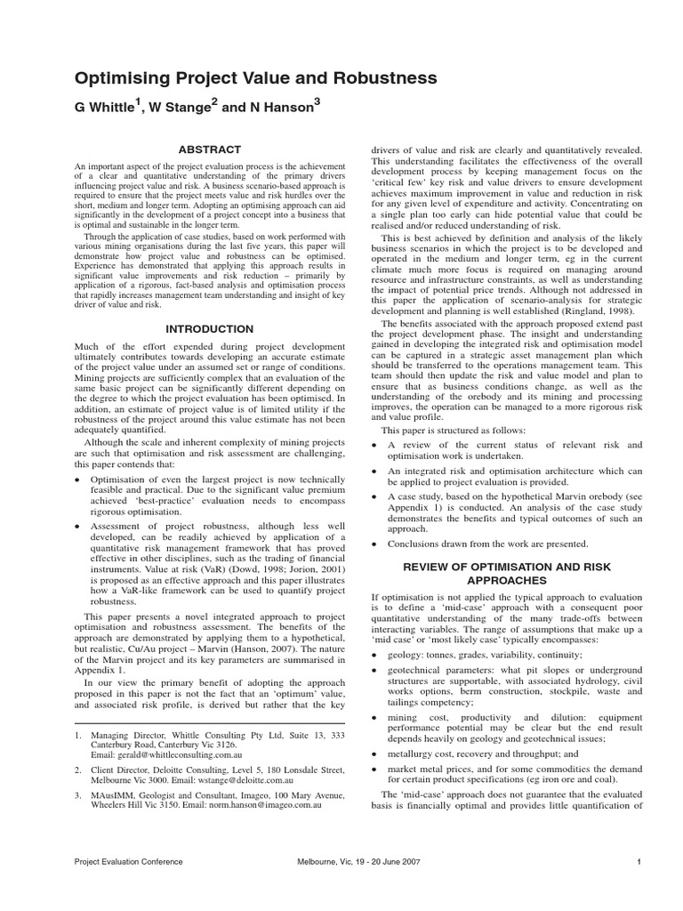 G. Whittle - Optimising Project Value and Robustness PDF | PDF ...