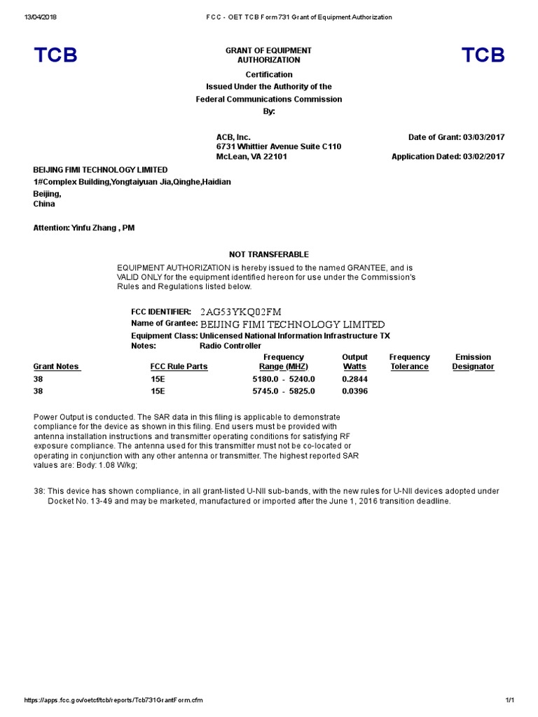 FCC - OET TCB Form 731 Radio Mi Drone | PDF | Transmitter | Federal ...
