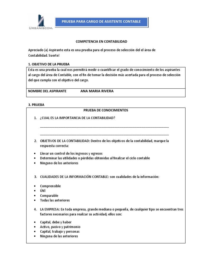 Prueba para Asistente Contable | PDF | Contabilidad | Corporaciones