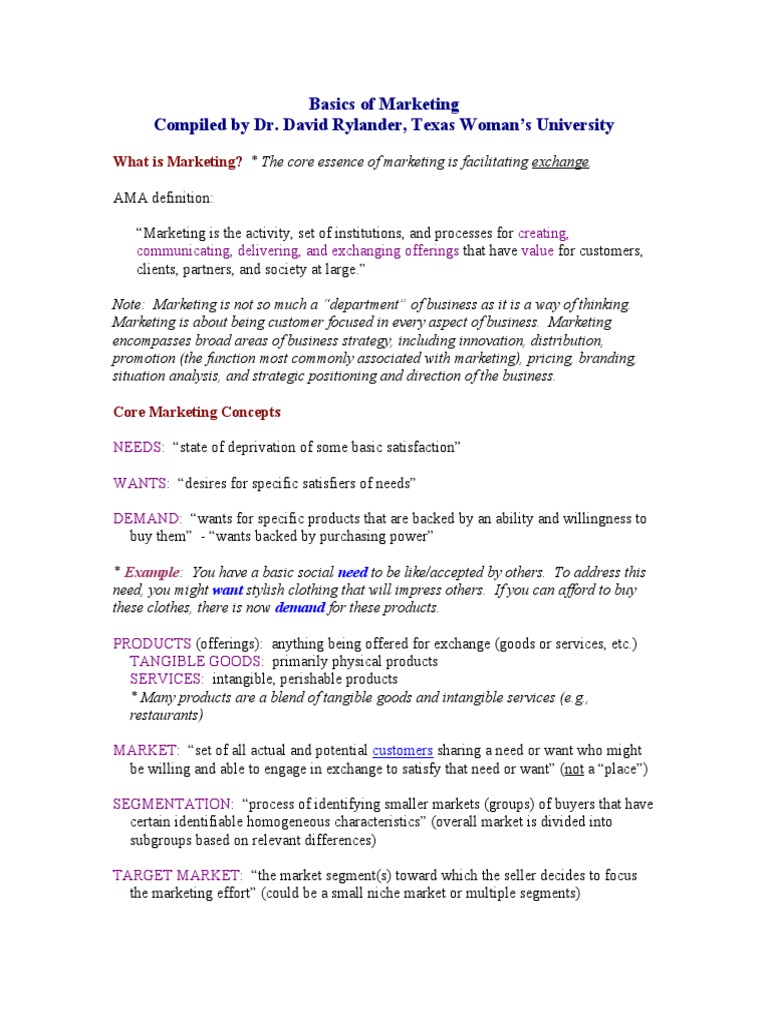 Basics of Marketing Compiled by Dr. David Rylander, Texas Woman's ...