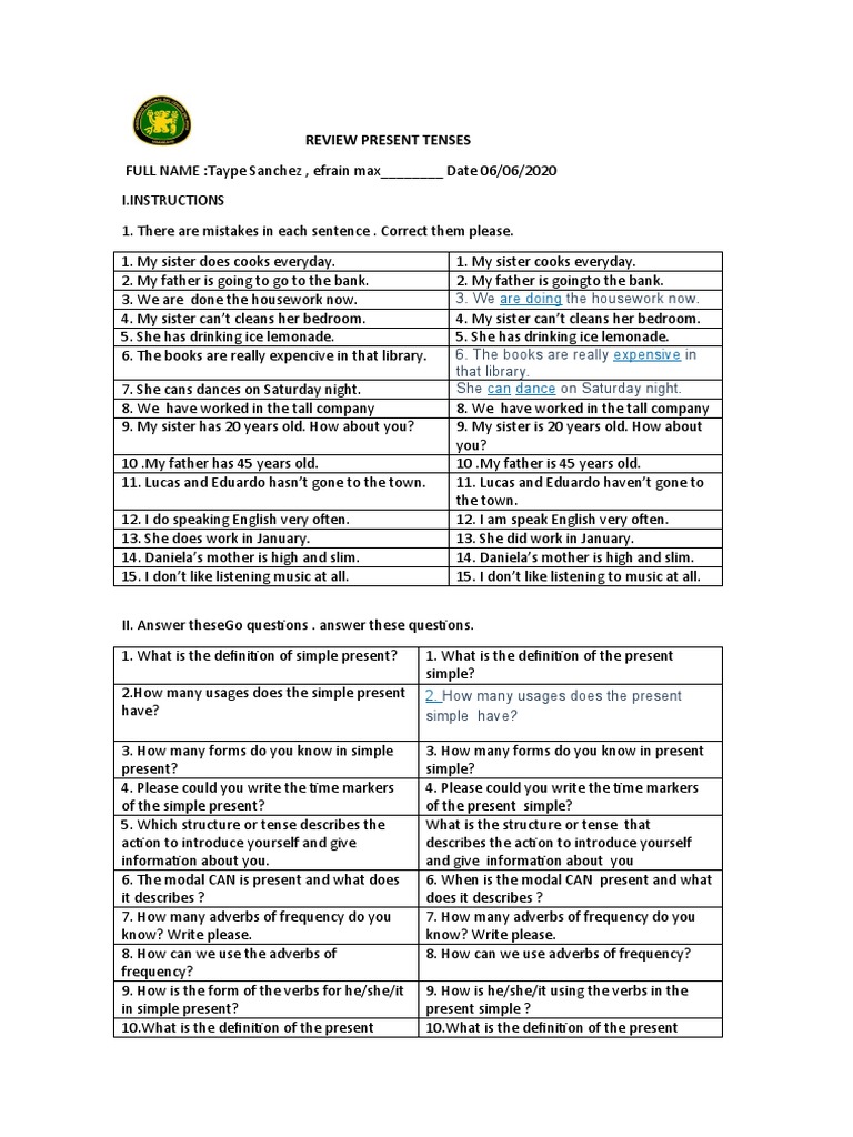 Present Tenses Review Guide | PDF | Grammatical Tense | Verb