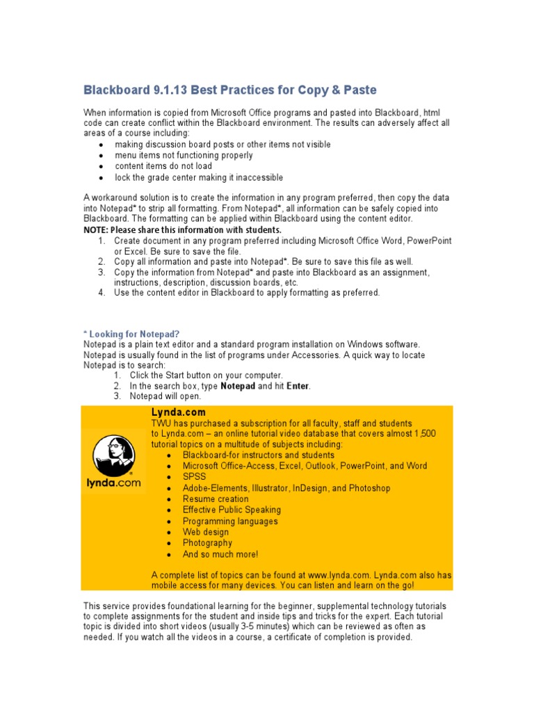 Blackboard 9.1.13 Best Practices For Copy & Paste | PDF | Microsoft ...