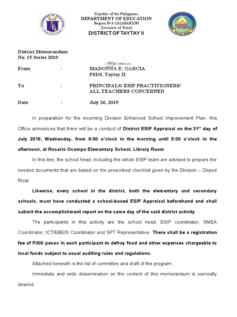 DM 15 S. 2019 District ESIP Appraisal | PDF