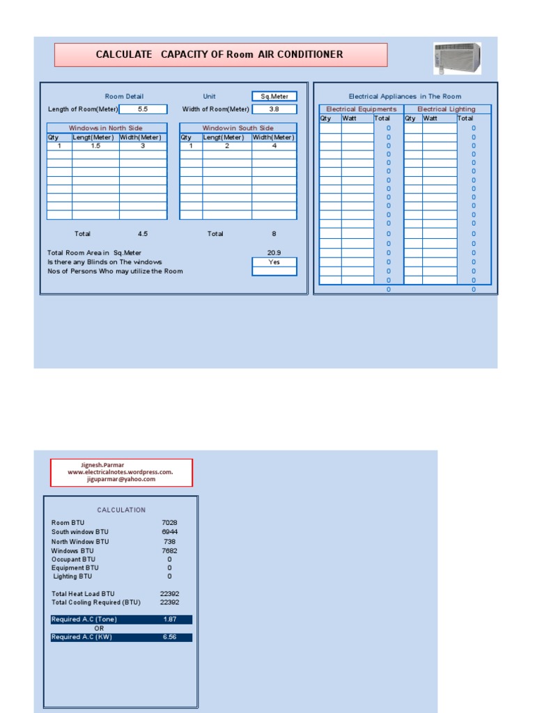 Calculate Capacity of Room Air Conditioner: Room Detail Unit Electrical ...