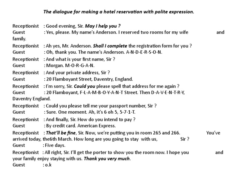 The Dialogue For Making A Hotel Reservation With Polite Expression | PDF