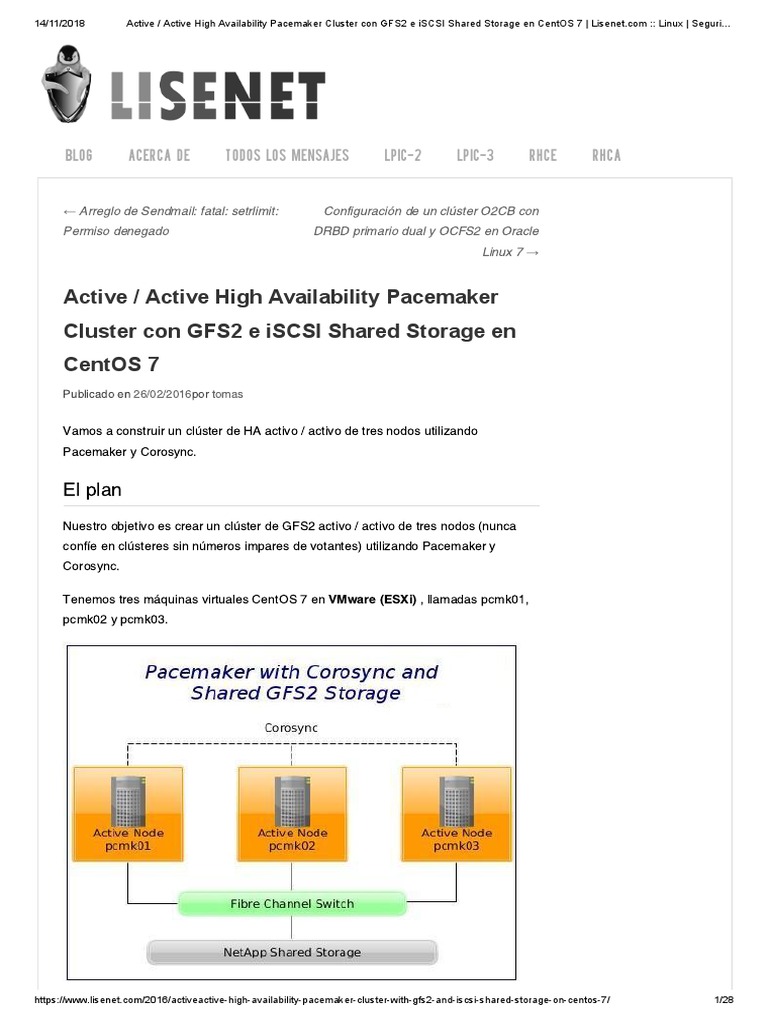 Active - Active High Availability Pacemaker Cluster Con GFS2 e iSCSI Shared Storage en CentOS 7 ...