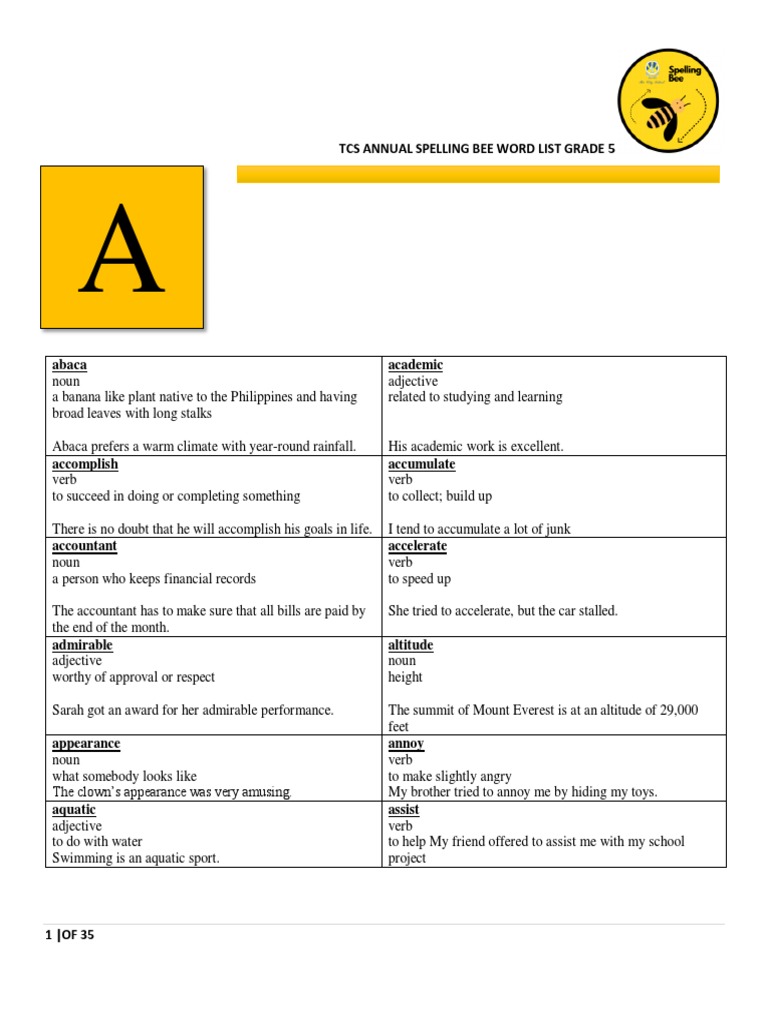 Grade 5 Spelling Bee Word List | PDF | Adjective | Verb