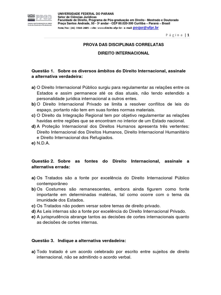 Prova Direito Internacional Com Gabarito | PDF | Tratado | Direito Internacional