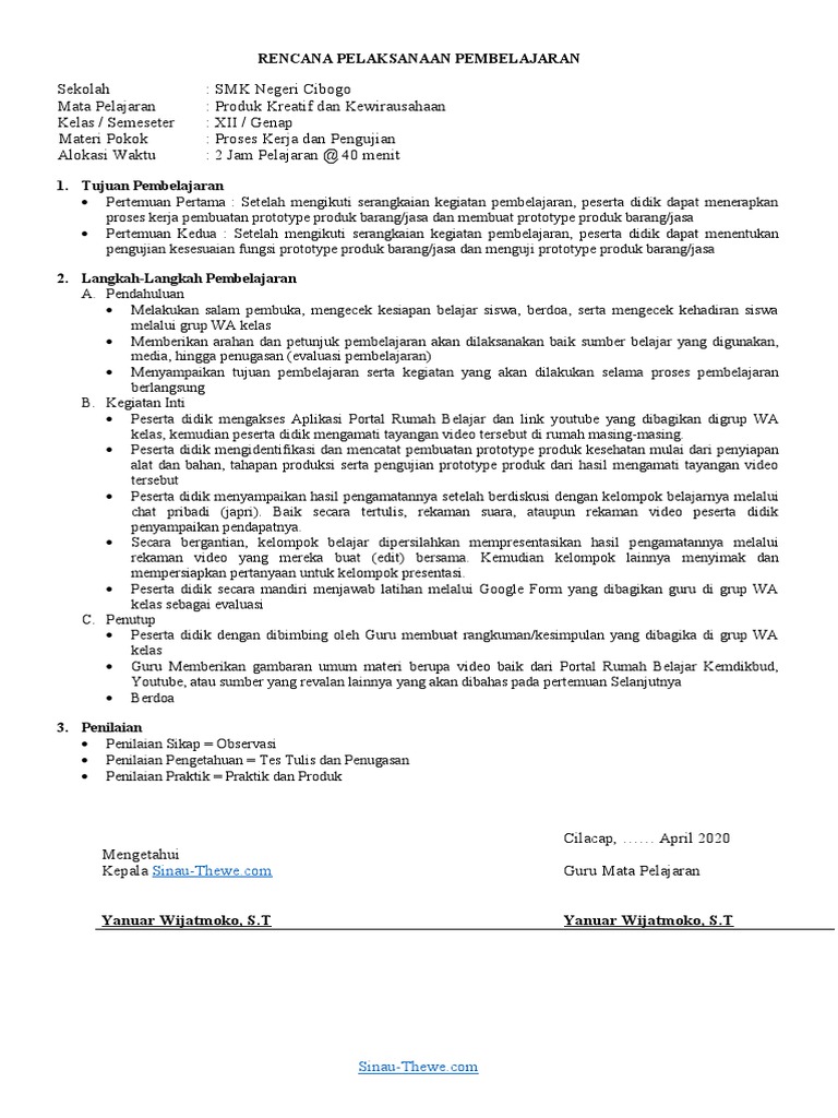 RPP Produk Kreatif Dan Kewirausahaan Kelas XII-2 | PDF