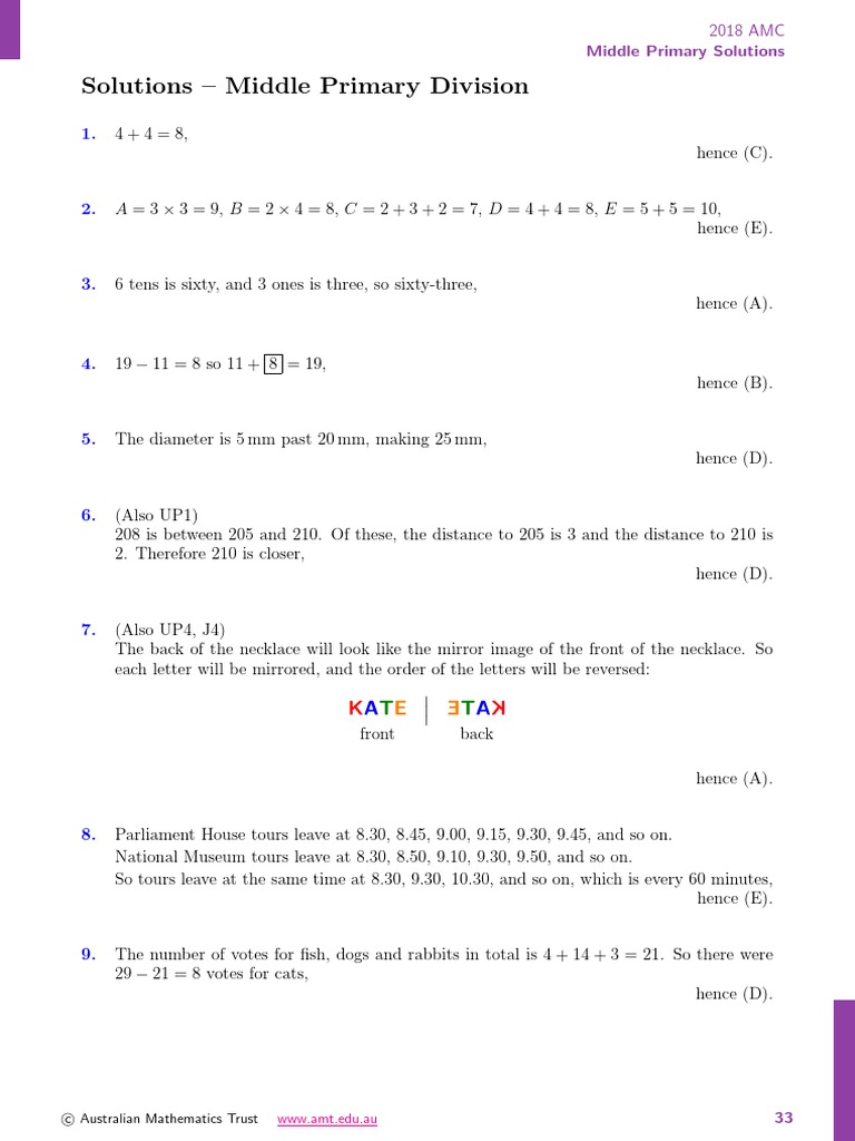 2018 AMC Middle Primary Solutions | PDF | Teaching Mathematics