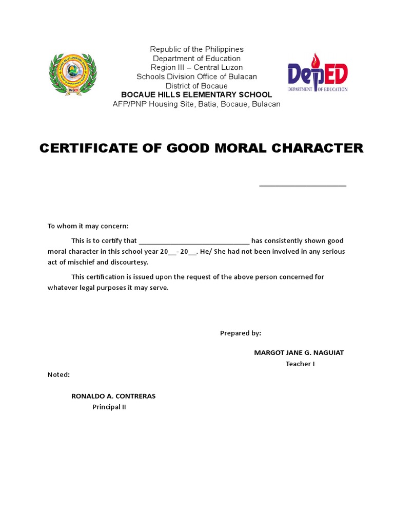 Certificate of Good Moral Character: Bocaue Hills Elementary School | PDF