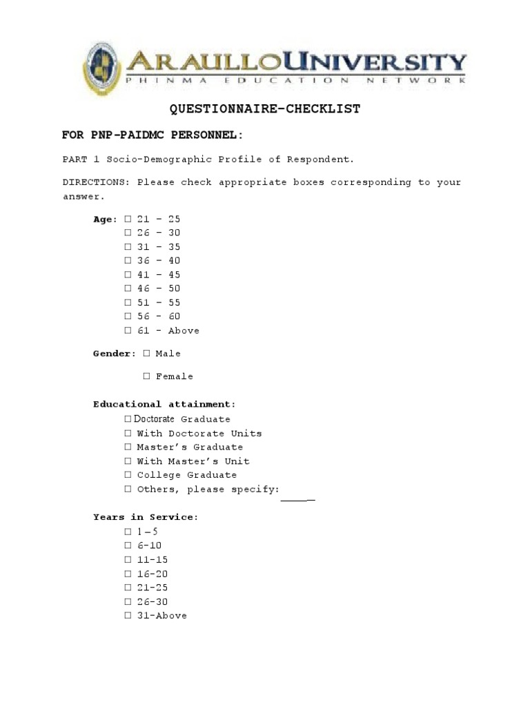 Questionnaire-Checklist: For Pnp-Paidmc Personnel | PDF