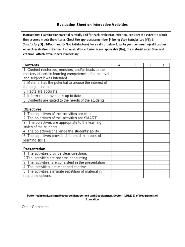 Evaluation Sheet On Interactive Activities | PDF | Evaluation | Learning