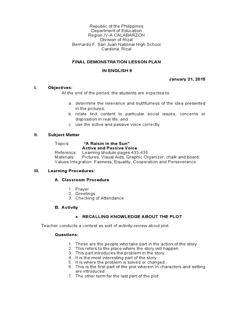 Final Demonstration Lesson Plan in English 9 January 21, 2015 I ...