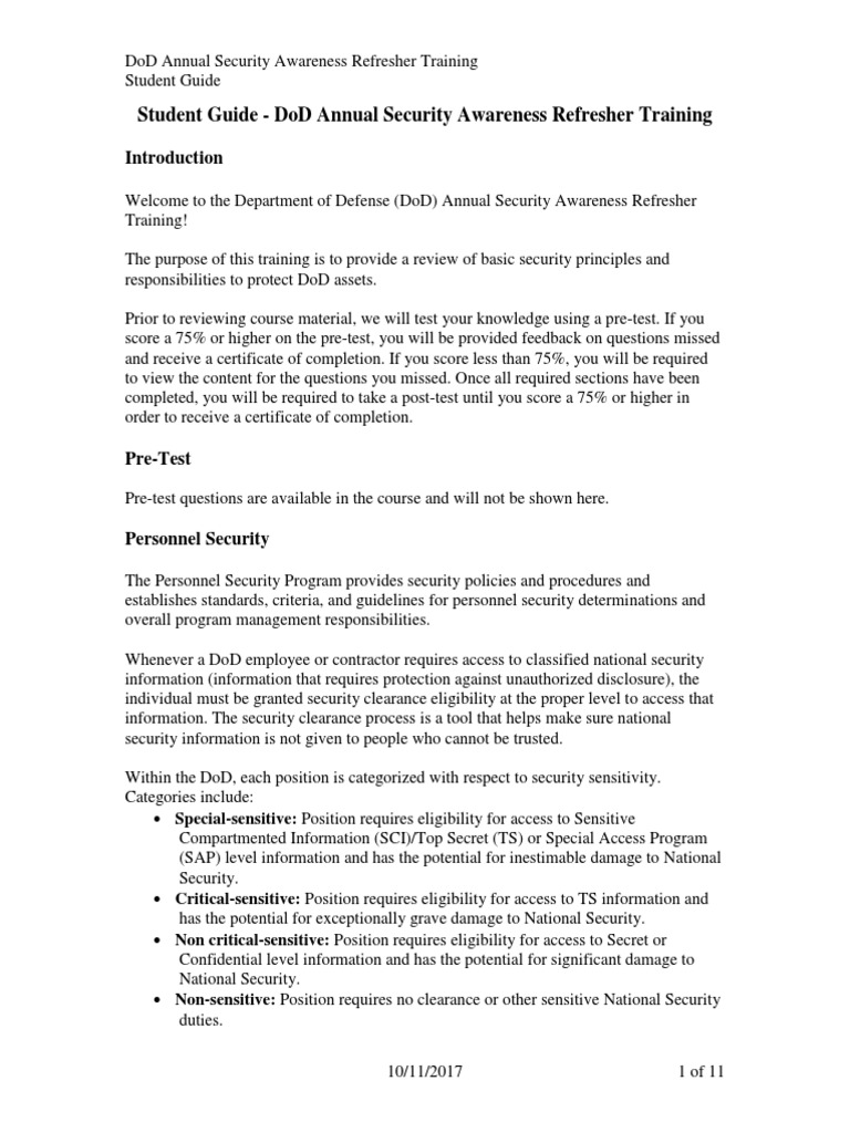 DoD Annual Security Awareness Refresher | PDF | Security Clearance ...