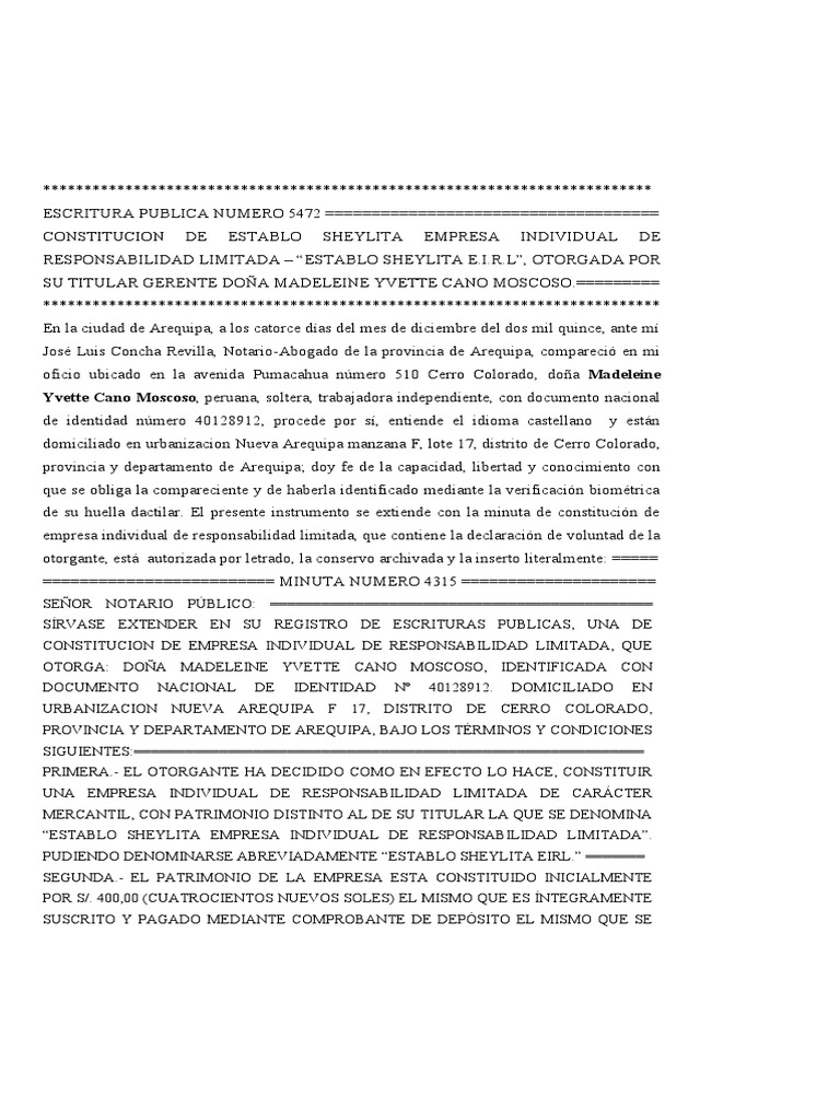 EIRL MINUTA y Escrituras | PDF | Cheque | Bancos