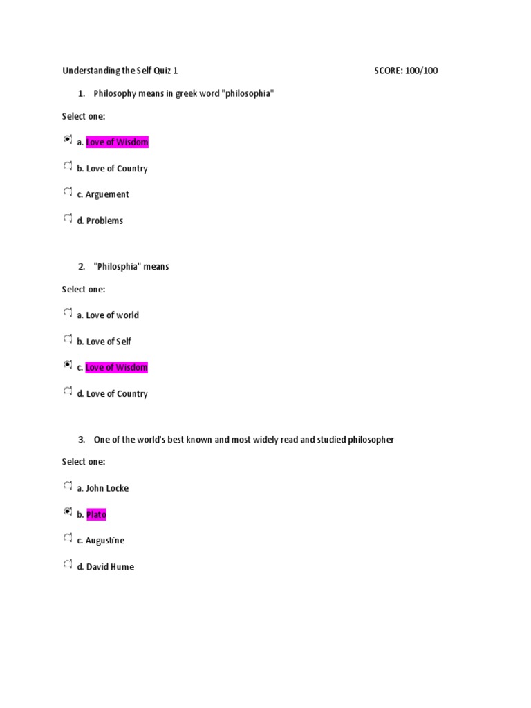 Understanding The Self Quiz 1sanaols | PDF