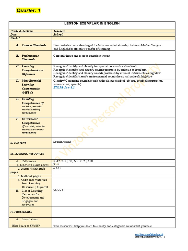 Quarter: 1: Lesson Exemplar in English | PDF | Sound | Neuropsychology