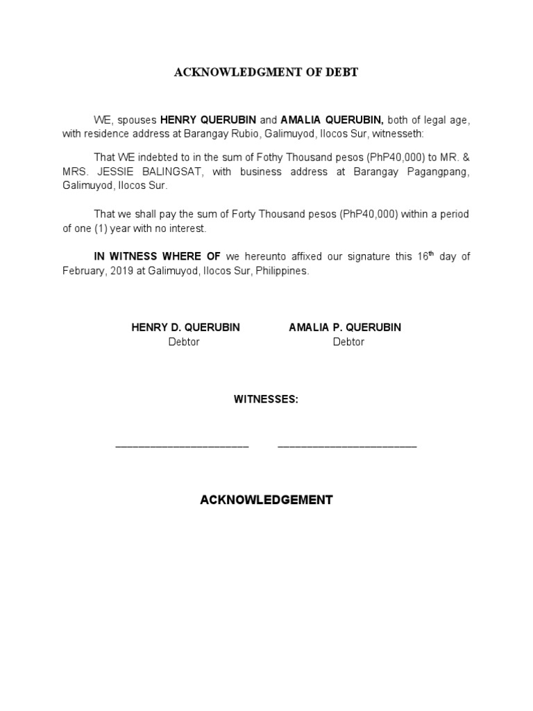 Acknowledgment of Debt | PDF | Finance & Money Management